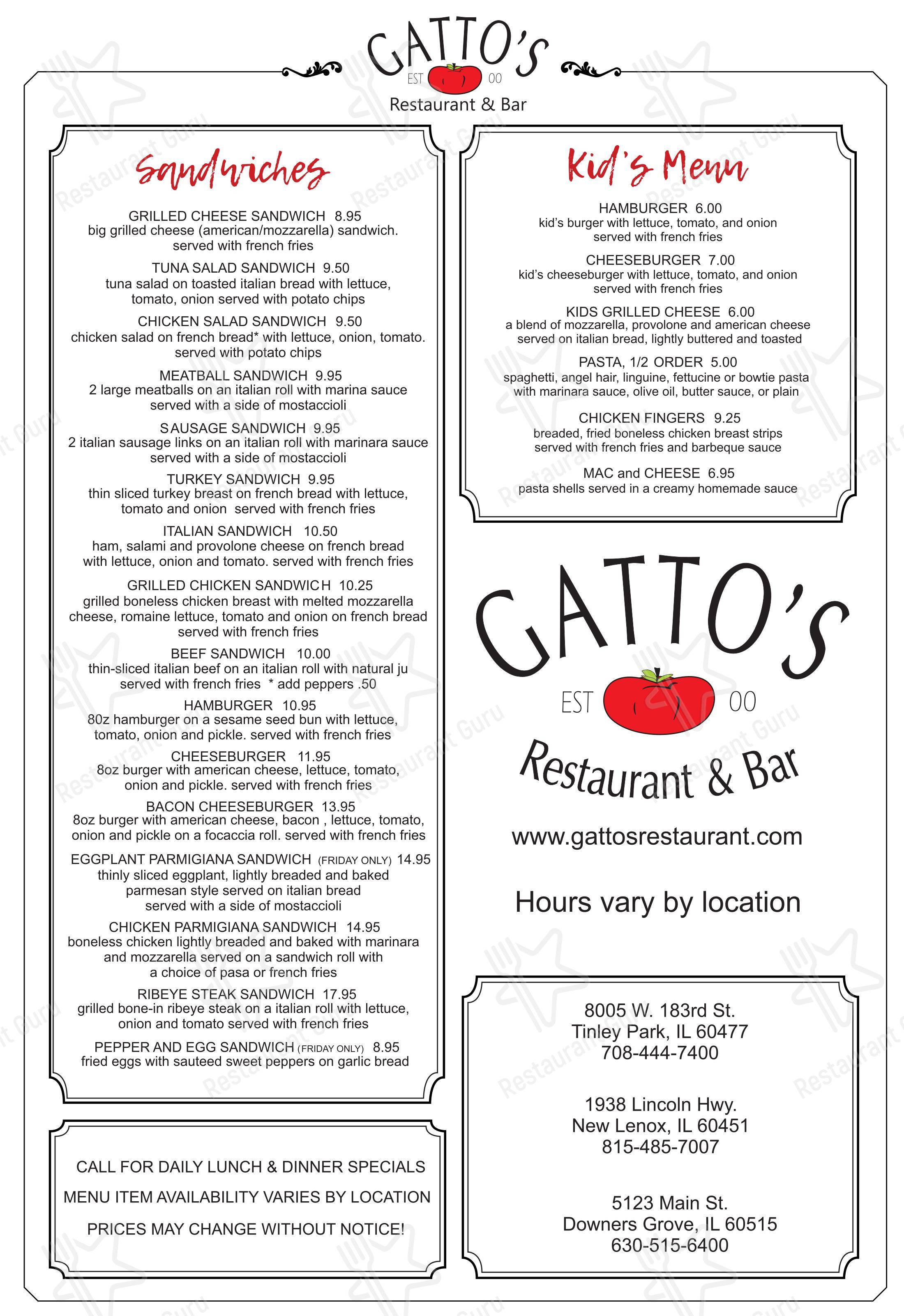 Menu at Gatto's Italian Restaurant & Bar, Tinley Park, 183rd St