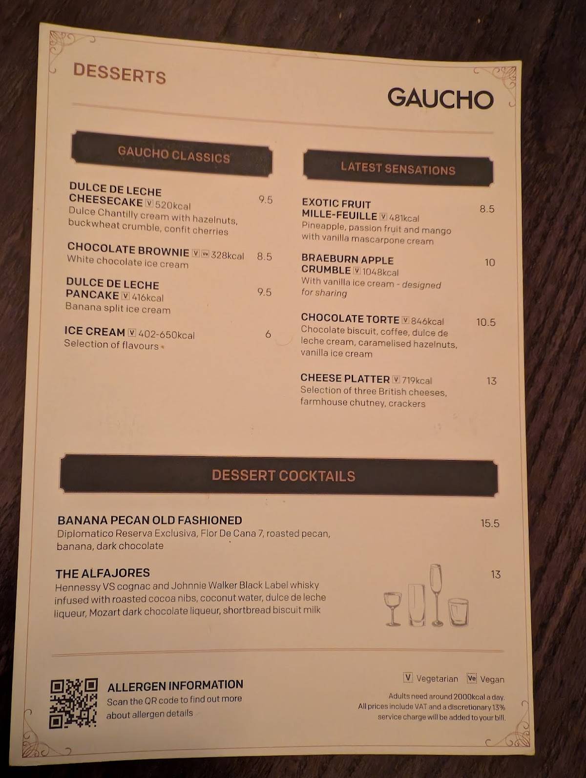 Menu at Gaucho Covent Garden steakhouse, London