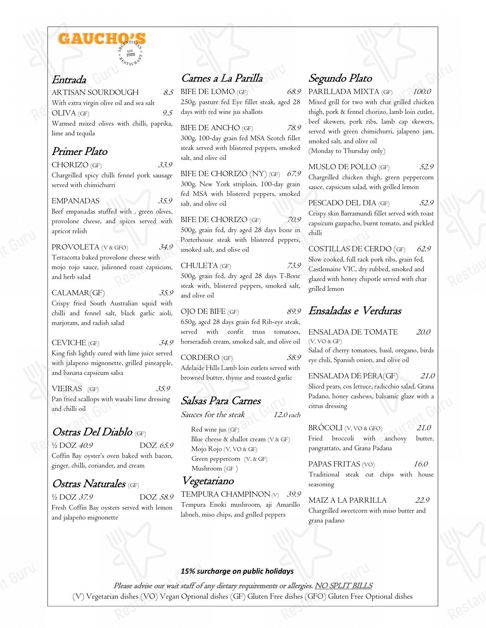 Menu at Gaucho's Argentinian Restaurant, Adelaide