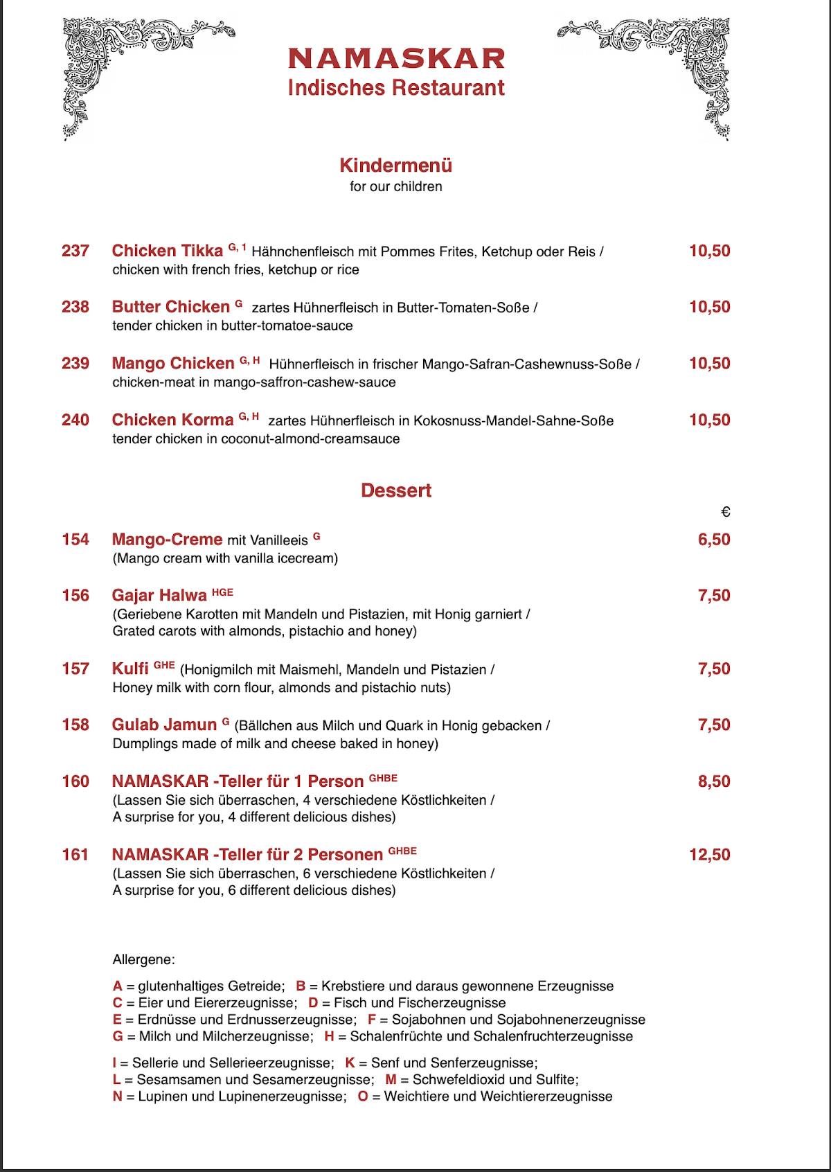 Speisekarte von Namaskar Indisches Restaurant, Gauting