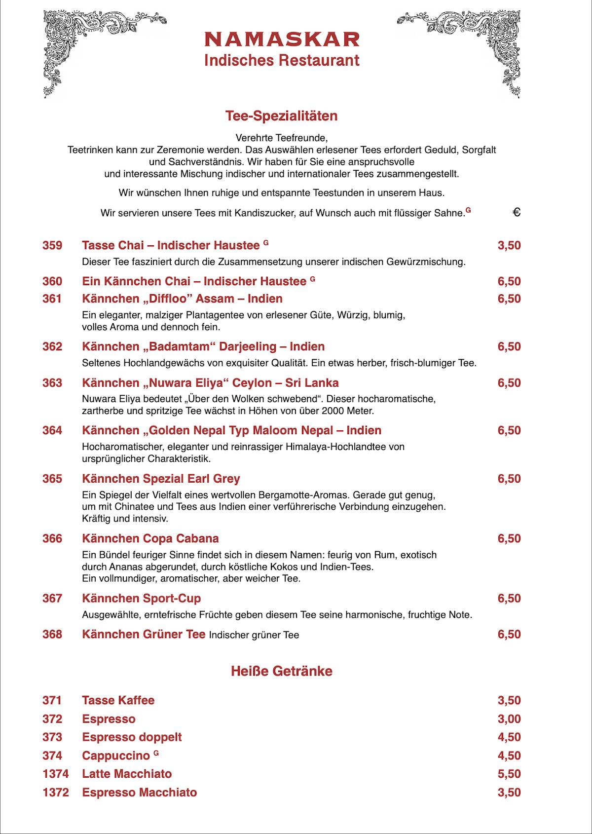 Speisekarte von Namaskar Indisches Restaurant, Gauting