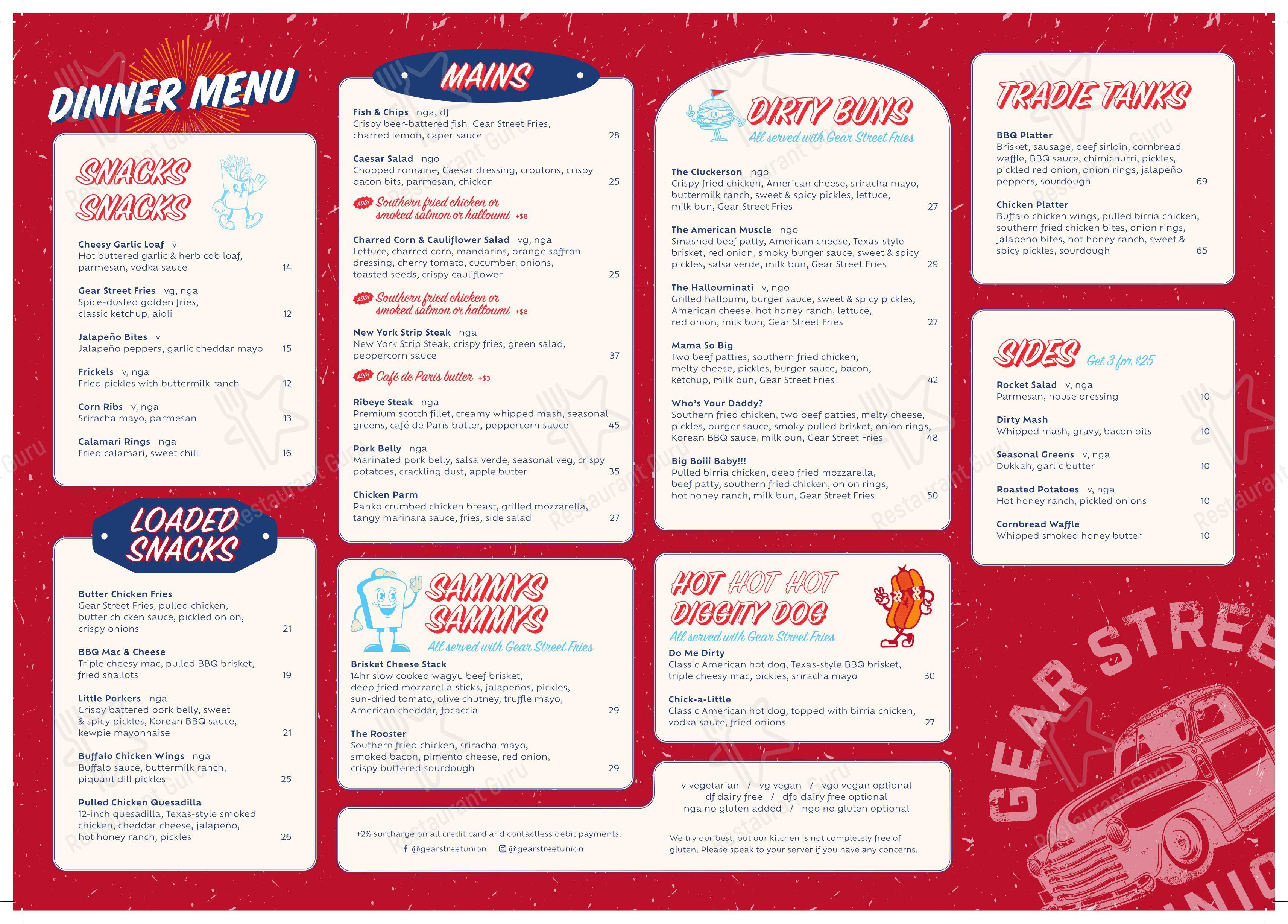Menu at Gear Street Union restaurant, Lower Hutt