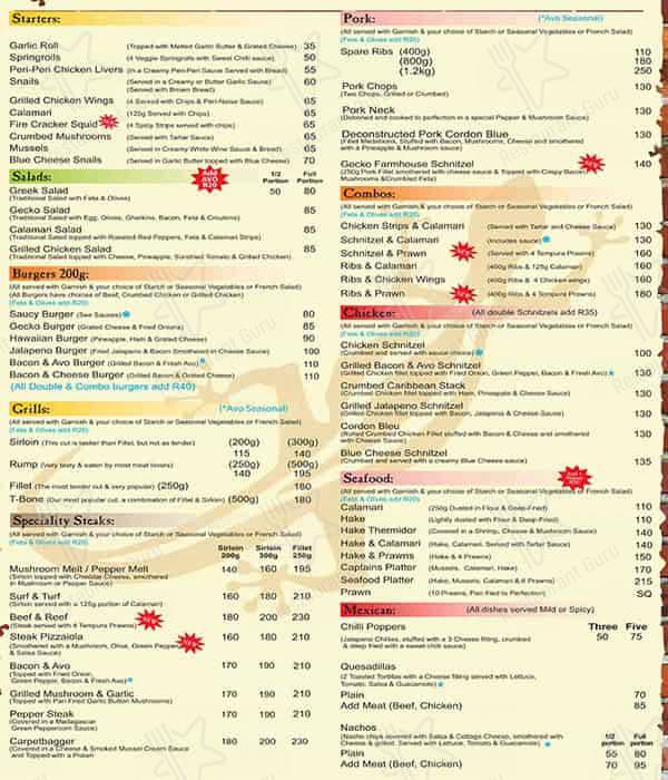 Menu at Gecko Lounge Wellington restaurant, Wellington, 41 Main Road