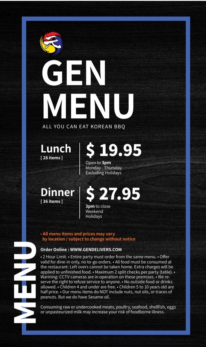 Menu at Gen Korean BBQ House, Torrance, Crenshaw Blvd