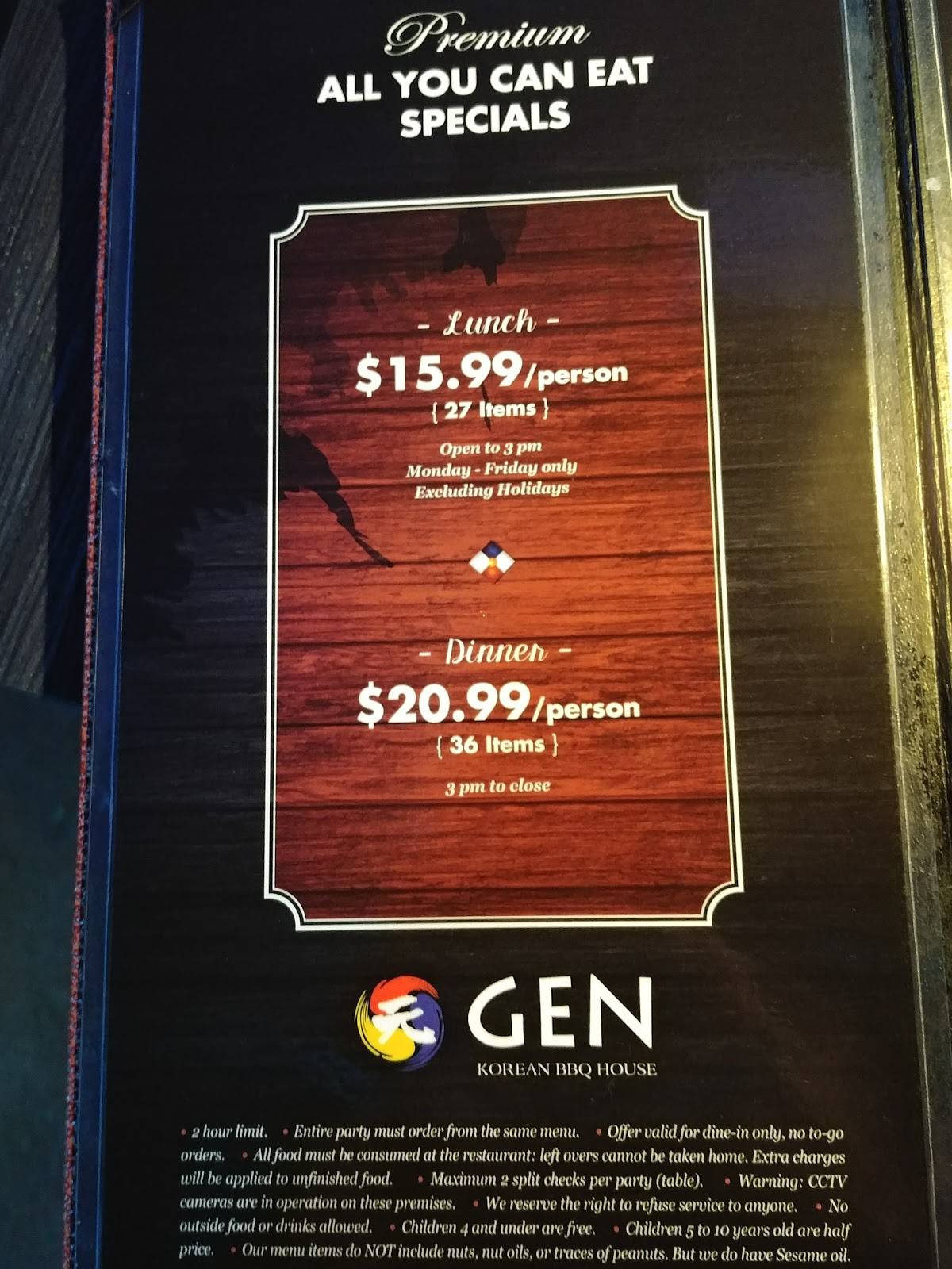 Menu at Gen Korean BBQ House, Torrance, Crenshaw Blvd
