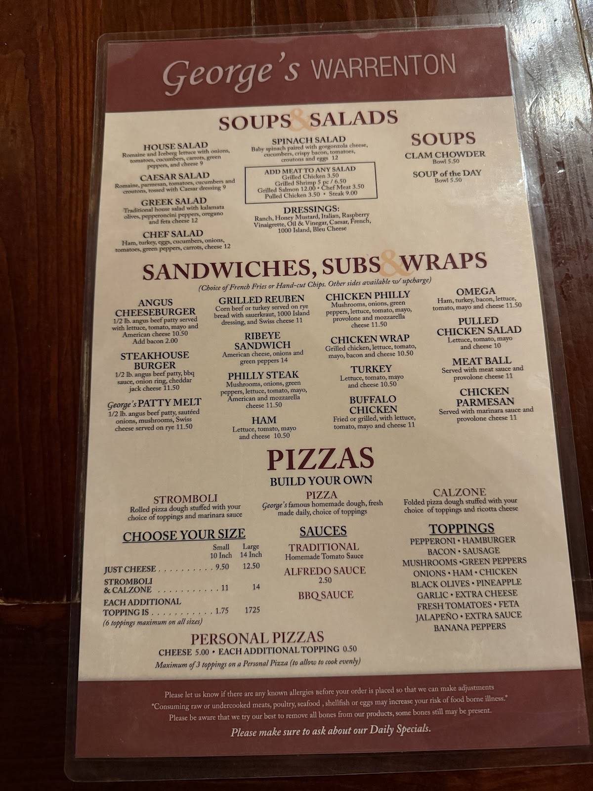 Menu at George's Restaurant of Warrenton, Warrenton