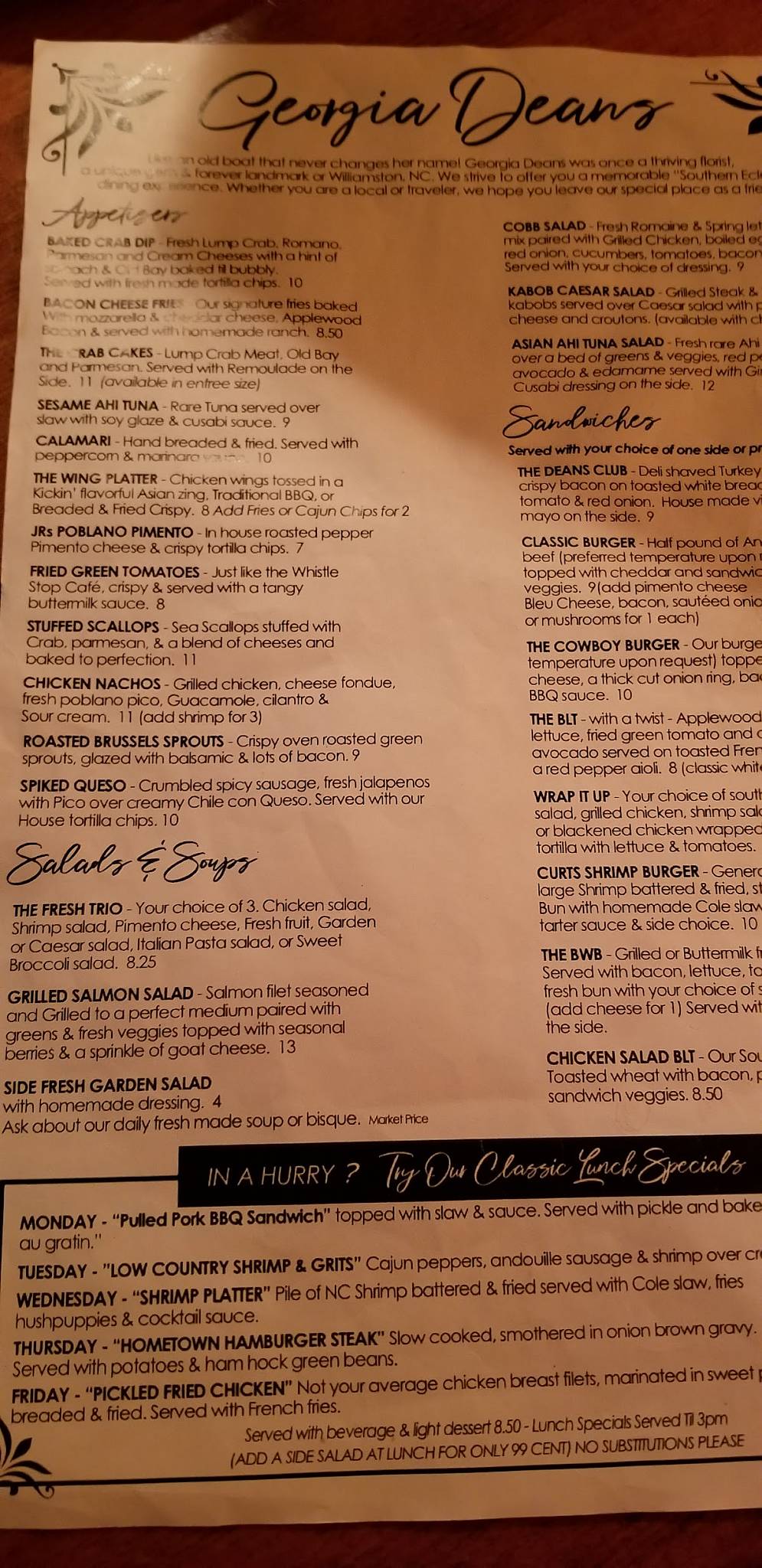 Menu at Georgia Deans restaurant & bar, Williamston