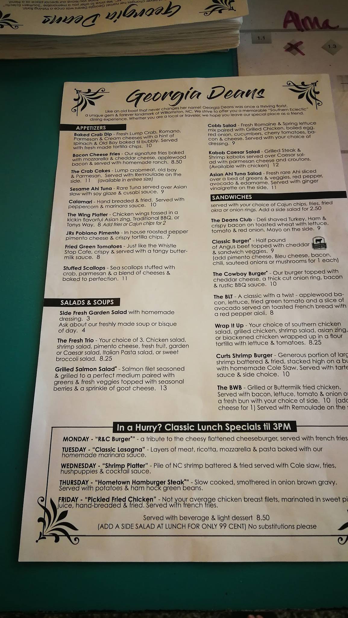 Menu at Georgia Deans restaurant & bar, Williamston