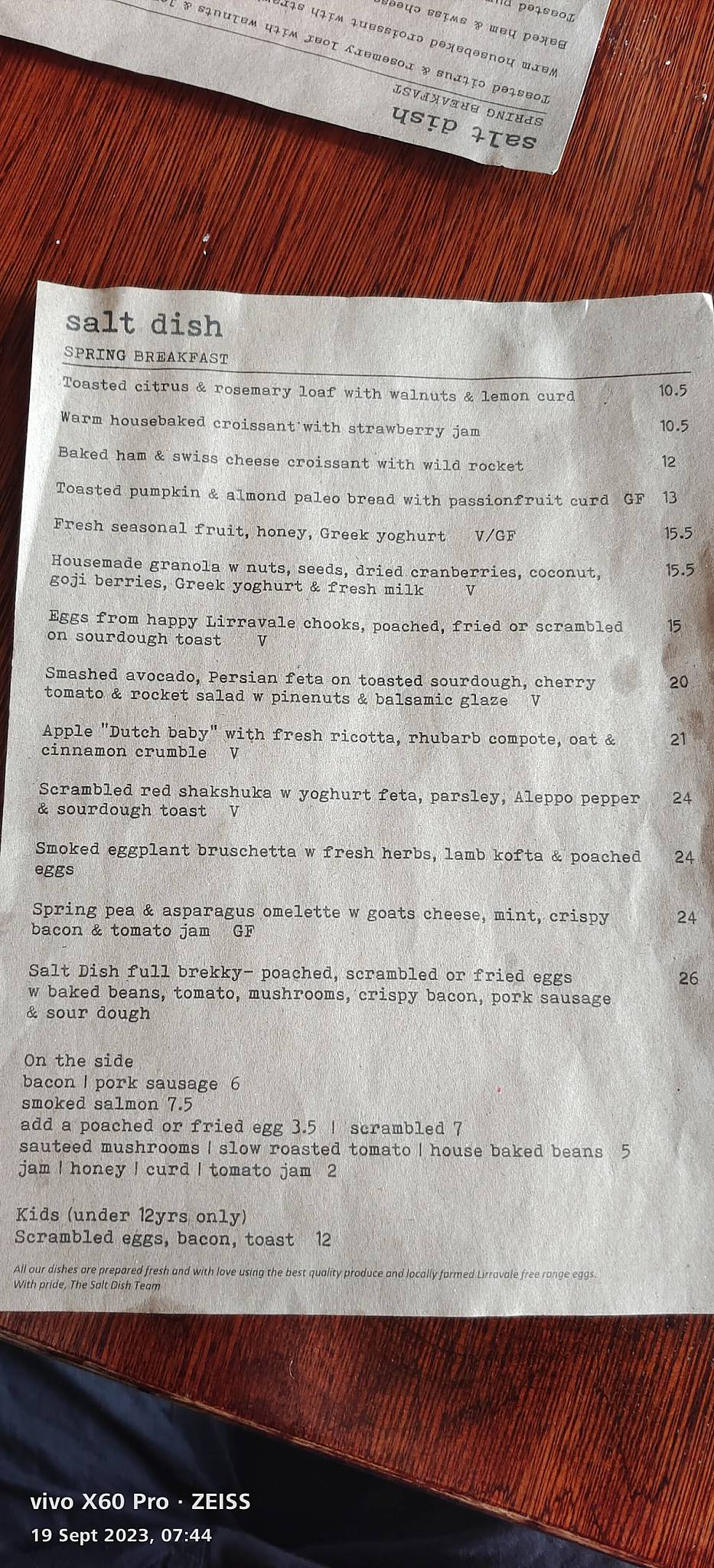 Menu at Salt Dish restaurant, Geraldton