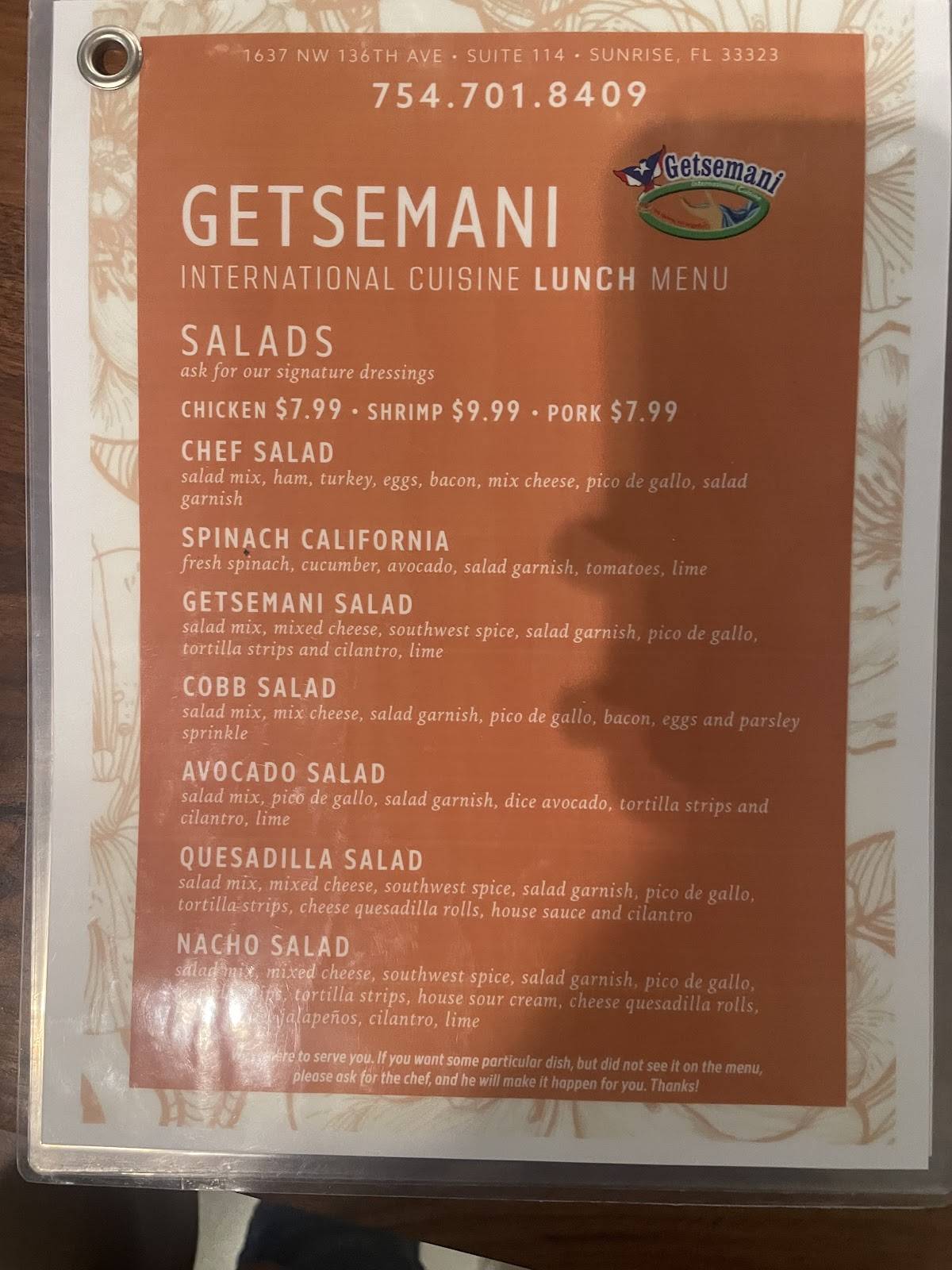 Menu at Getsemani Cafe Sawgrass, Sunrise
