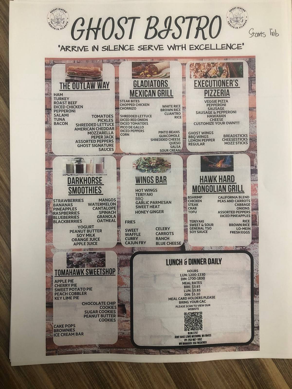 Menu at Ghost Warrior Restaurant, Joint Base Lewis-McChord