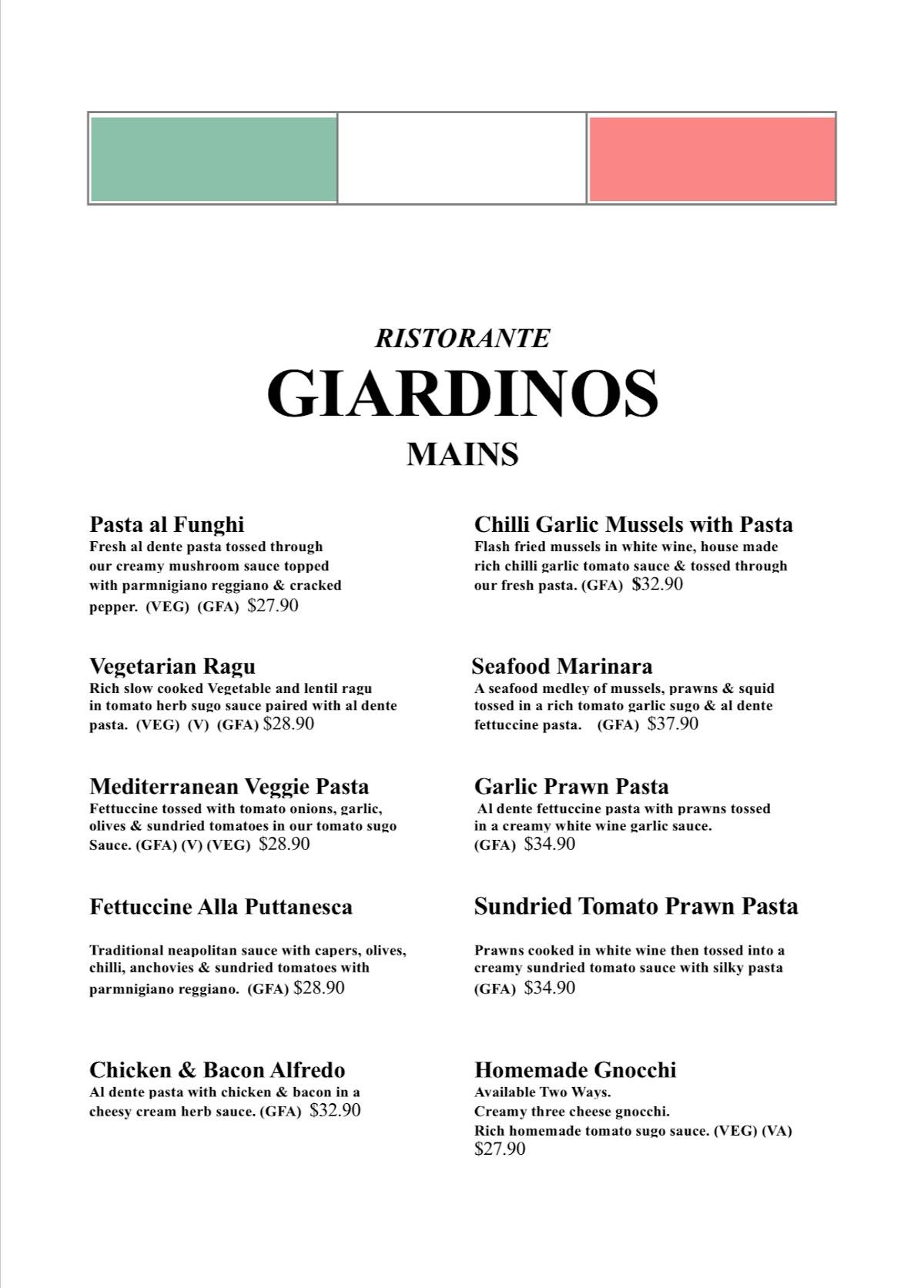 Menu at Giardinos restaurant, Stanthorpe