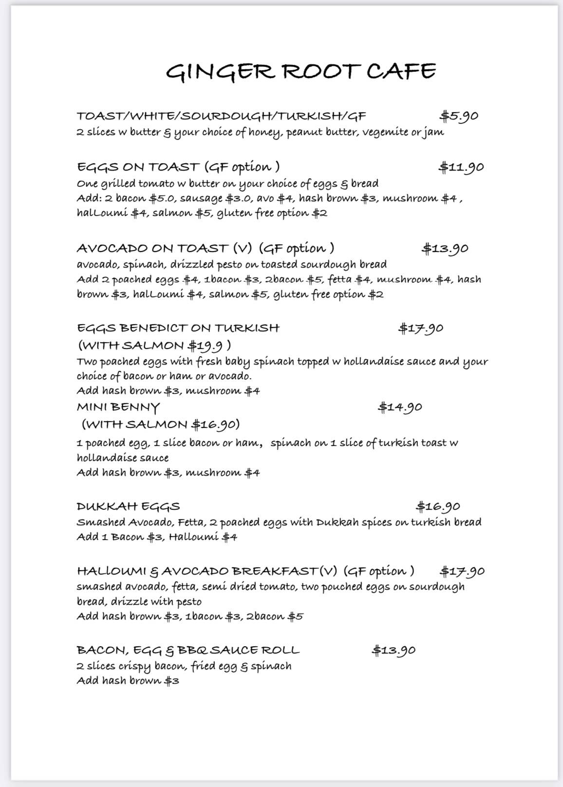 Menu at Ginger Root Cafe, Tweed Heads South, Shop126