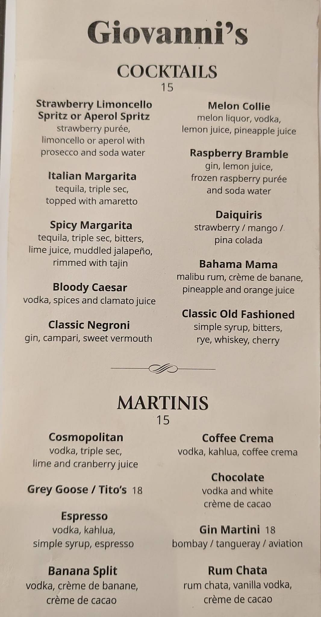Menu at Giovanni's Restaurant, Sault Ste. Marie