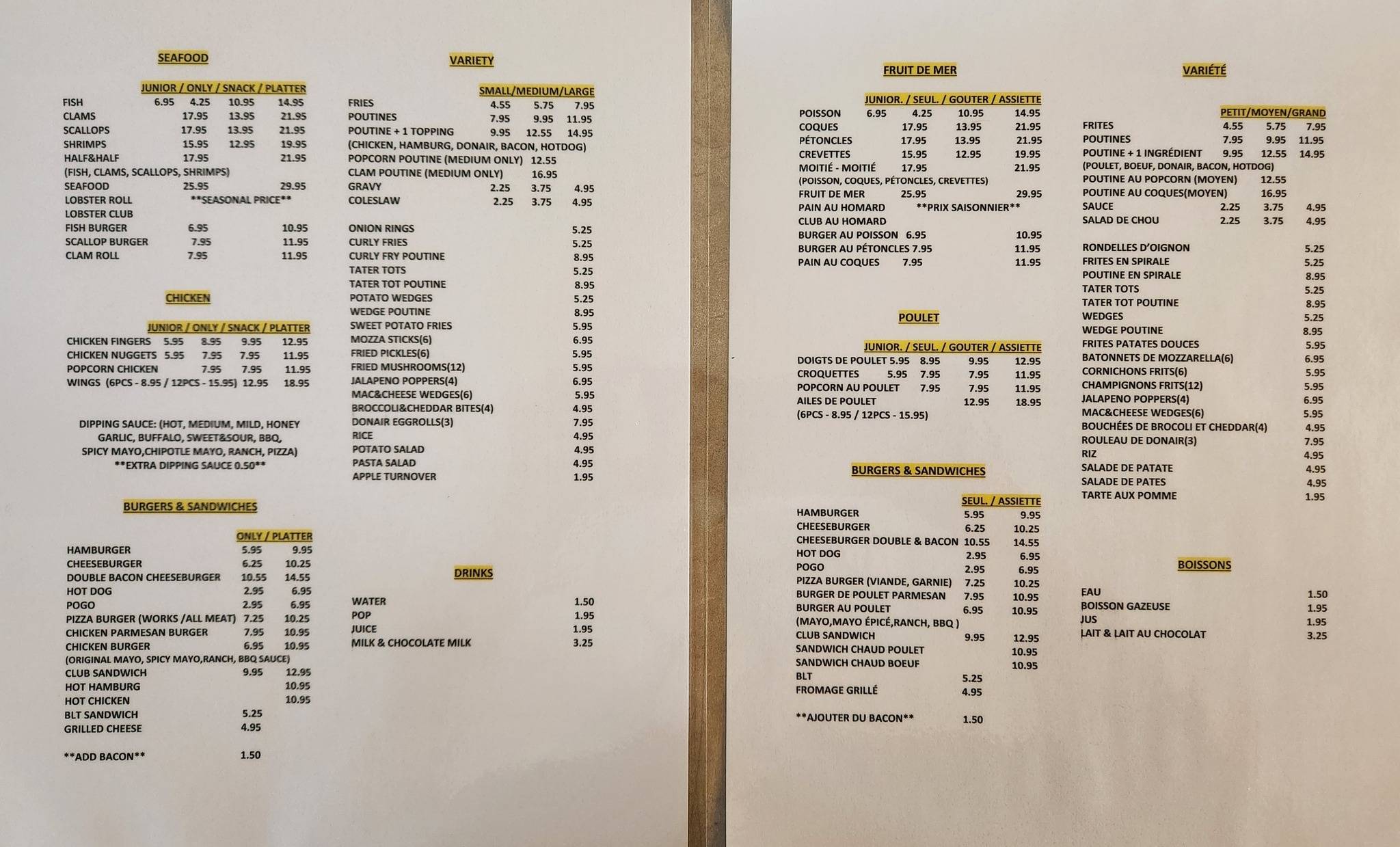 Menu au Gisele Take-out restaurant, Grande-Digue