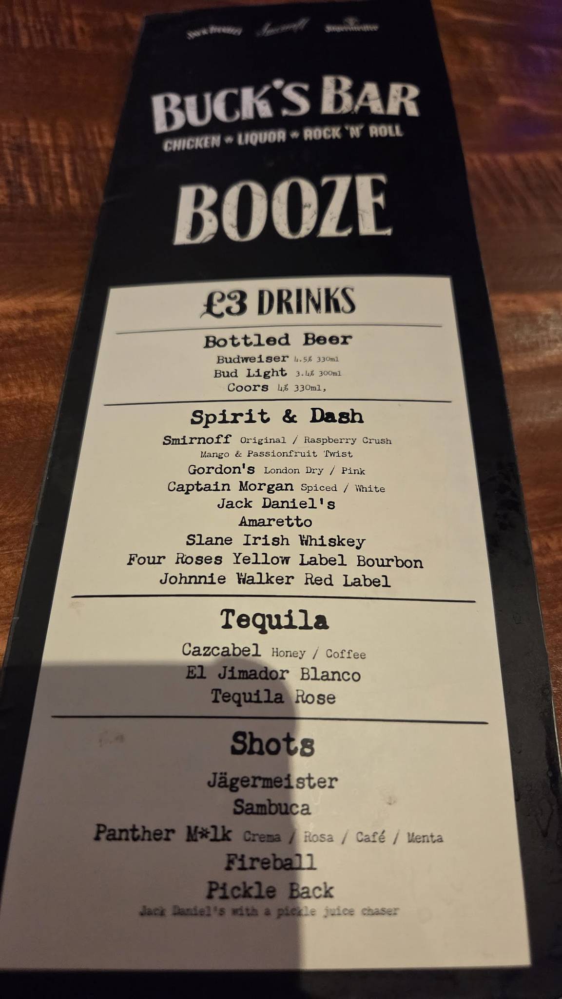 Menu at Buck's Bar, Glasgow