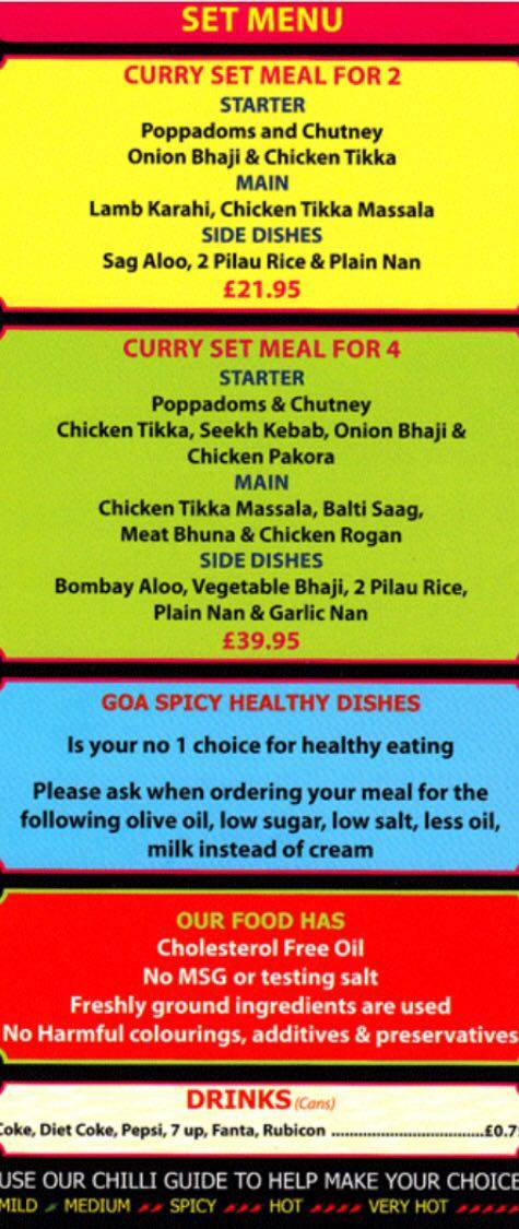 Menu at Goa - Bengal Spice restaurant, Milnthorpe