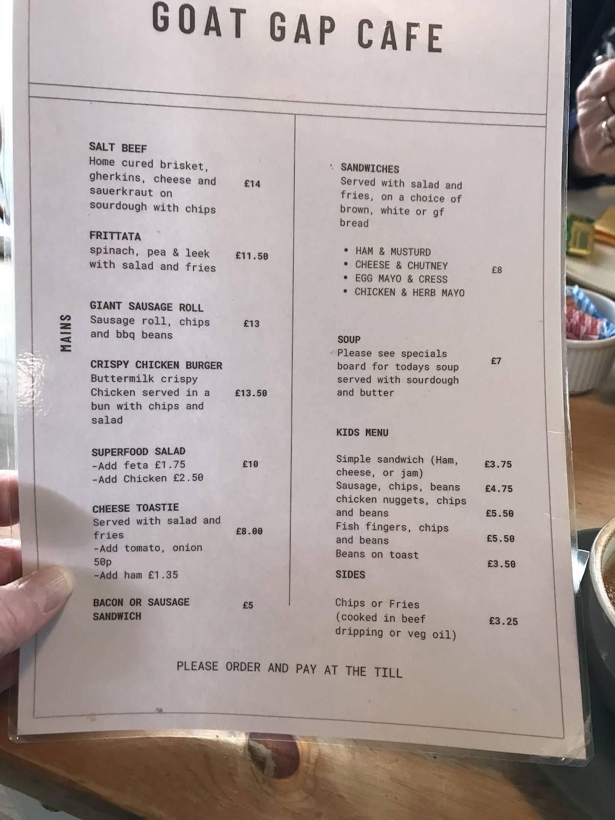 Menu at Goat Gap Cafe, Clapham cum Newby