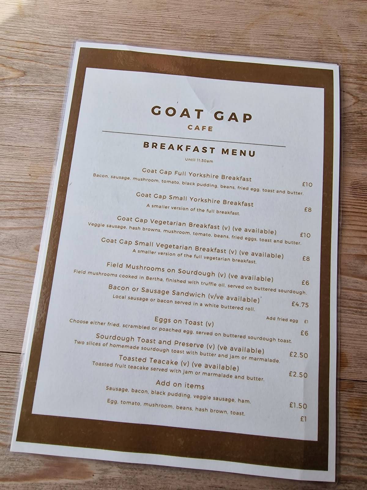 Menu at Goat Gap Cafe, Clapham cum Newby