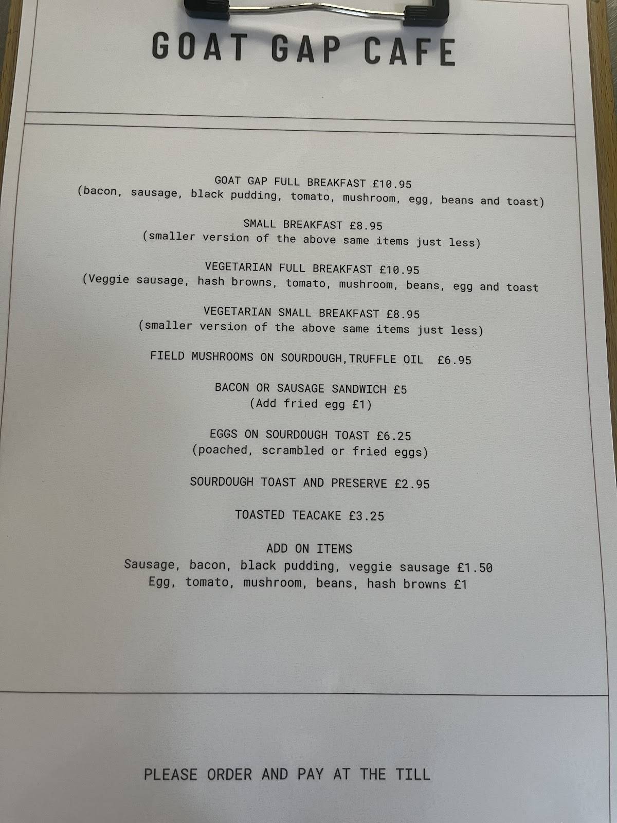 Menu at Goat Gap Cafe, Clapham cum Newby