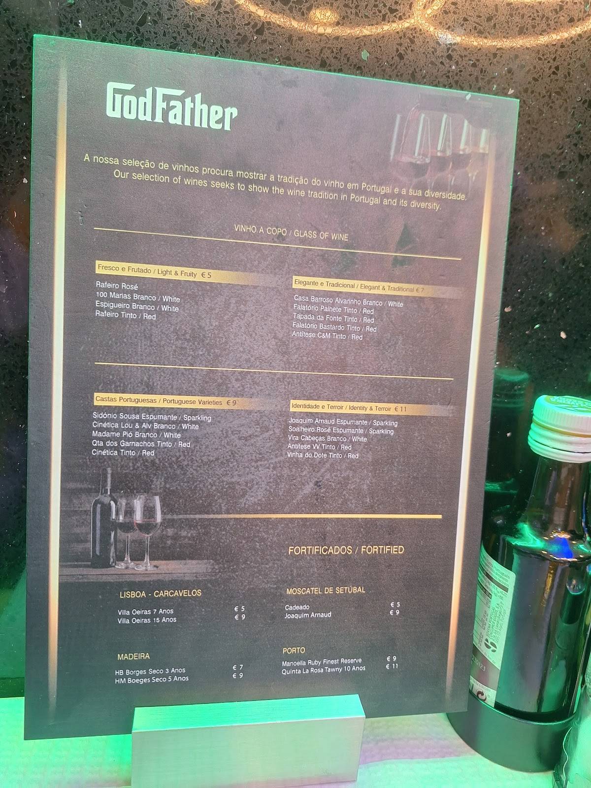 Menu at Godfather restaurant, Lisbon