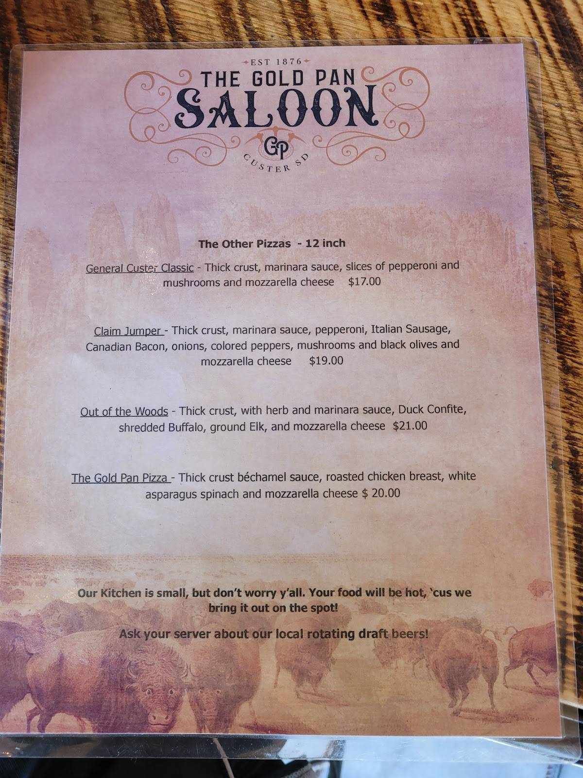 Menu at Gold Pan Saloon Custer pub & bar, Custer, 508 Mt Rushmore Rd