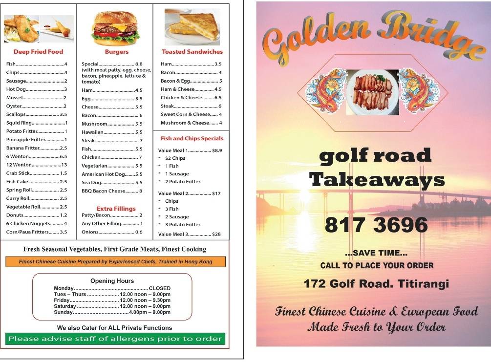 Menu at Golden Bridge Takeaways golf road fast food, Auckland, 172 Golf Rd