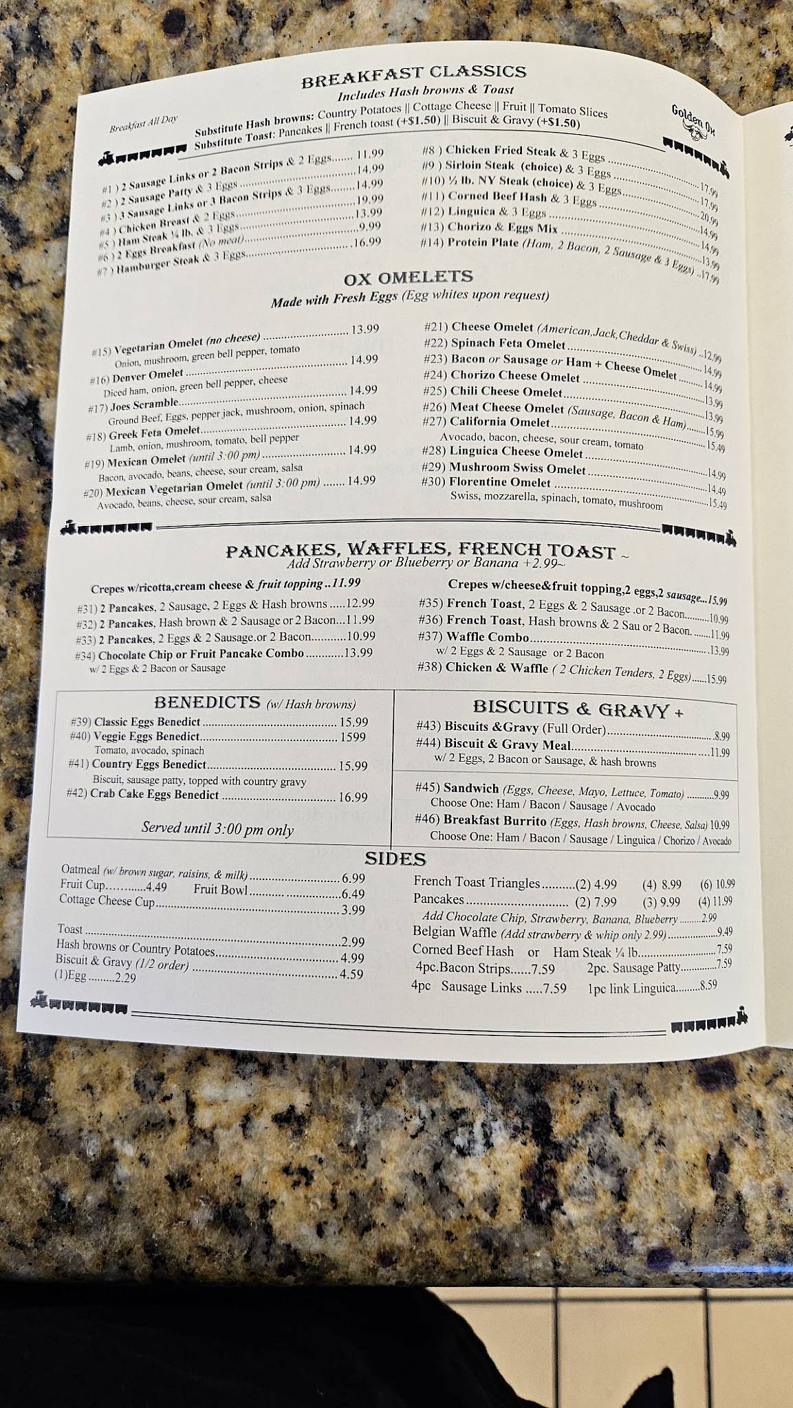 Menu at Golden Ox Diner restaurant, Lodi
