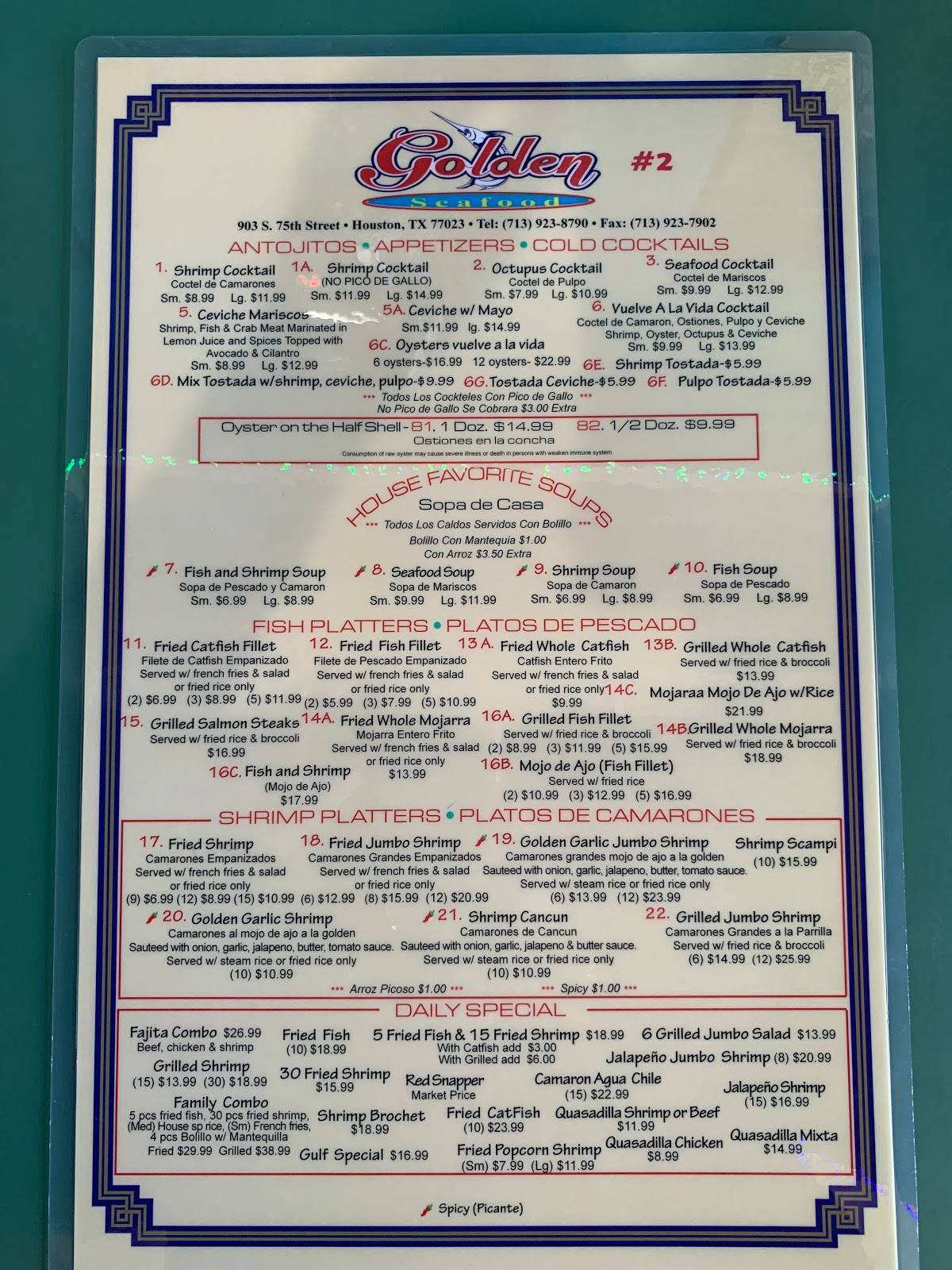 Menu at Golden Seafood Restaurant, Houston, 903 S 75th St