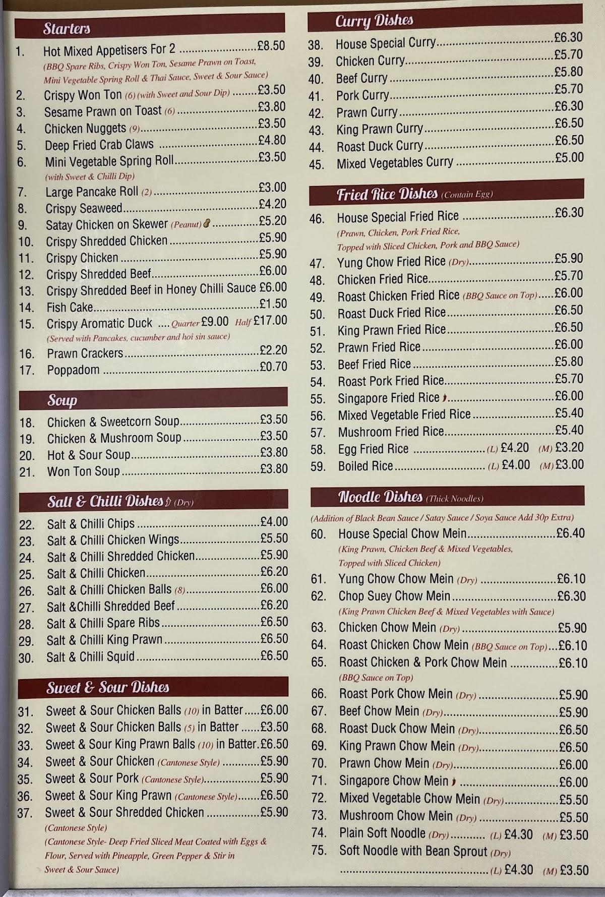 Menu at Golden Shine fast food, Cardiff