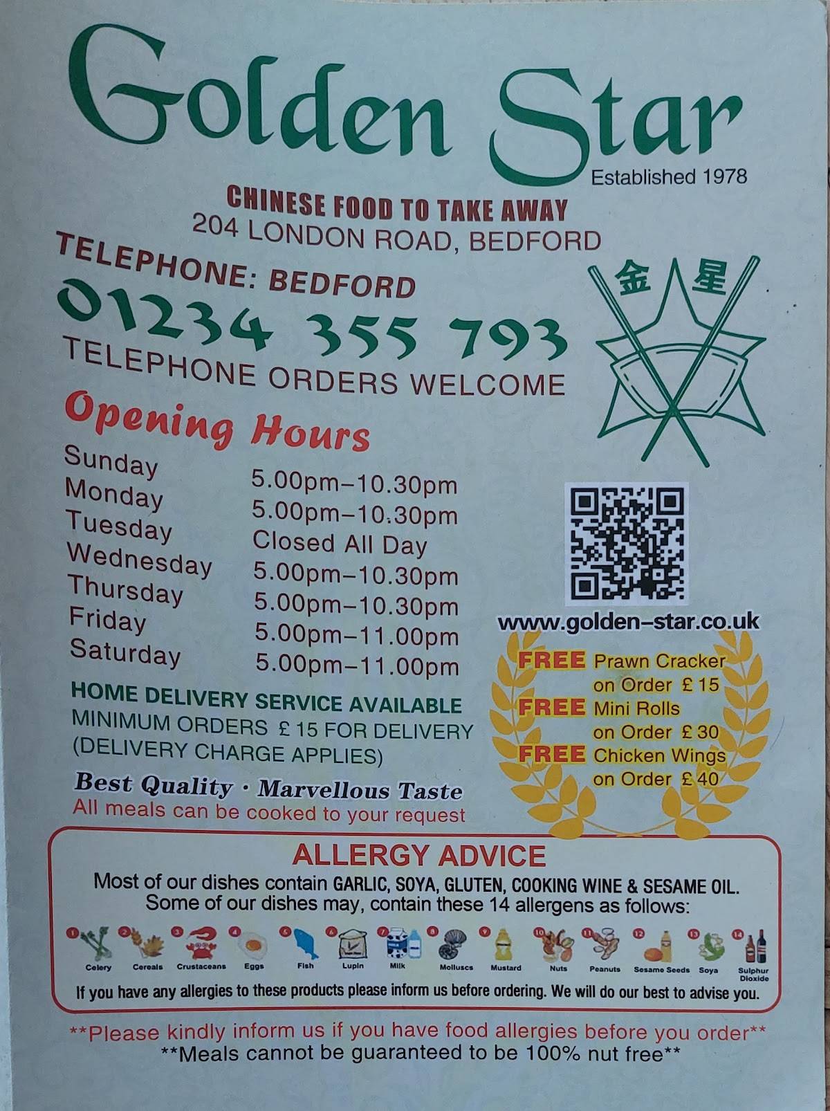 Menu at Golden Star Chinese Take Away fast food, Bedford