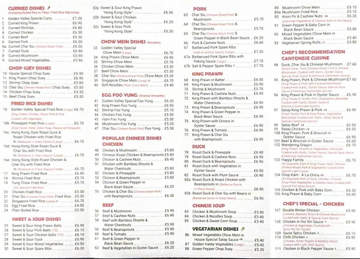 Menu at Golden Valley fast food, Mere