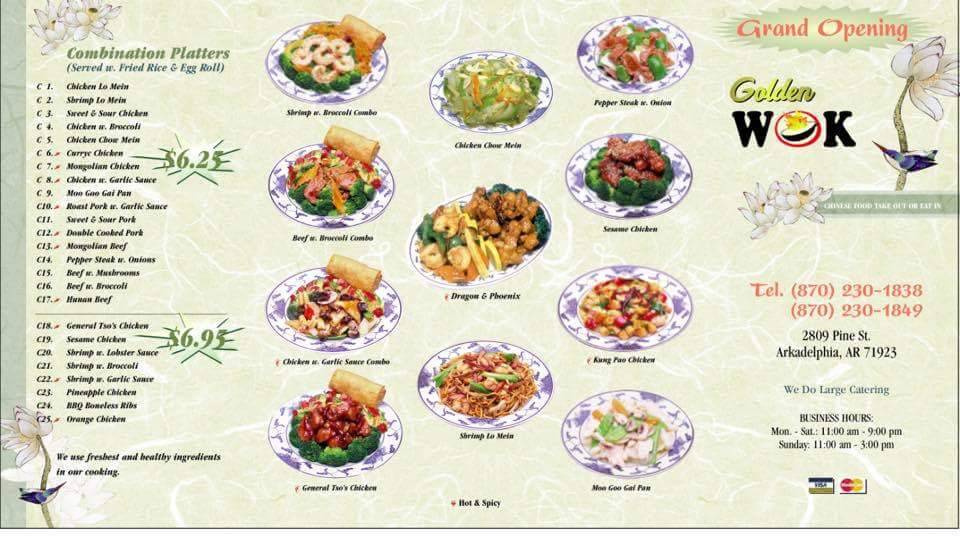 Menu at Golden Wok restaurant, Arkadelphia