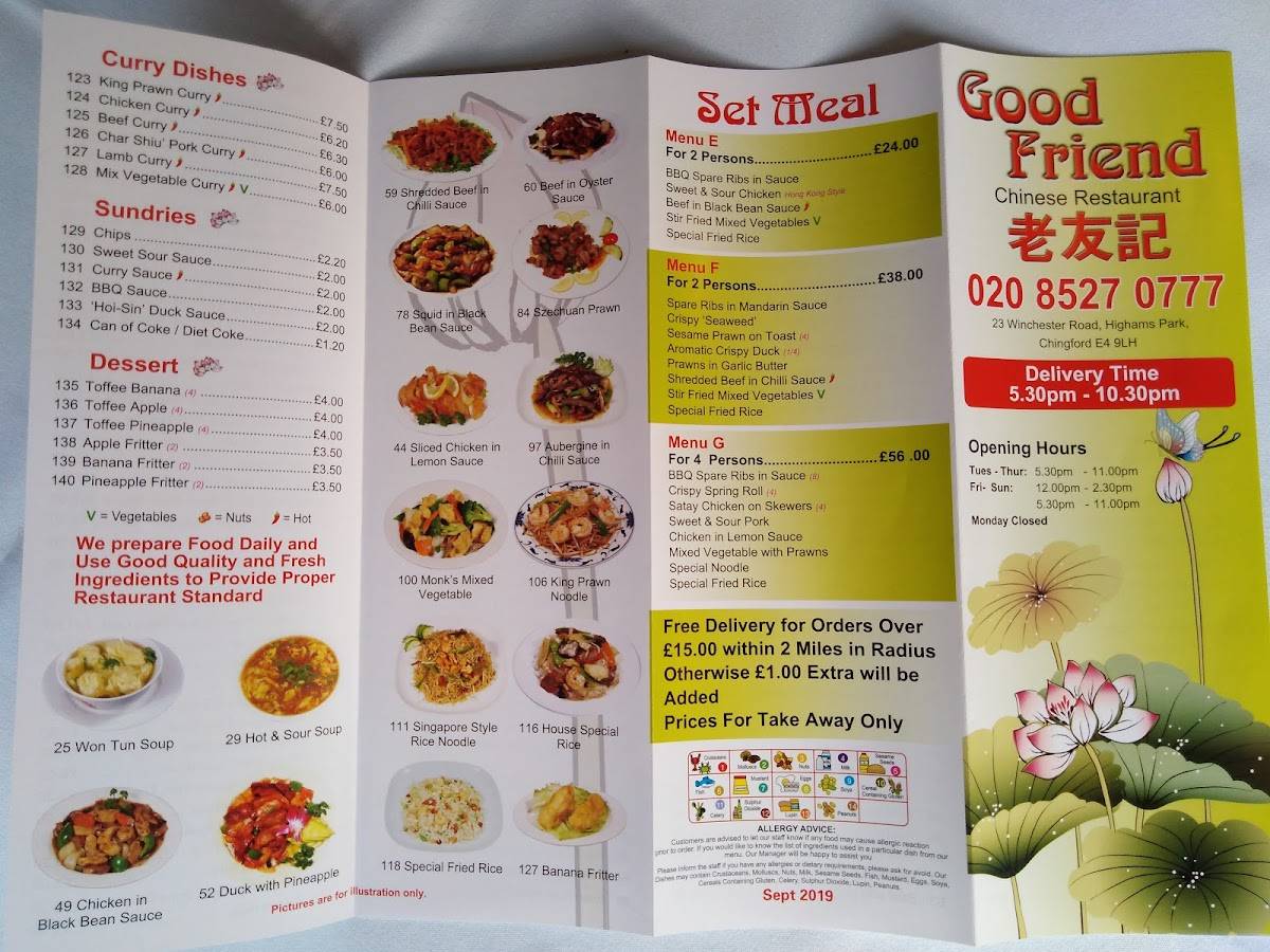 Menu at Good Friend restaurant, London, 23 Winchester Rd
