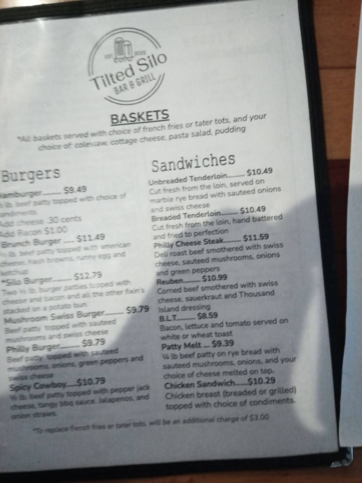 Menu at Tilted Silo Bar & Grill - Millennium Banquet Hall, Goose Lake