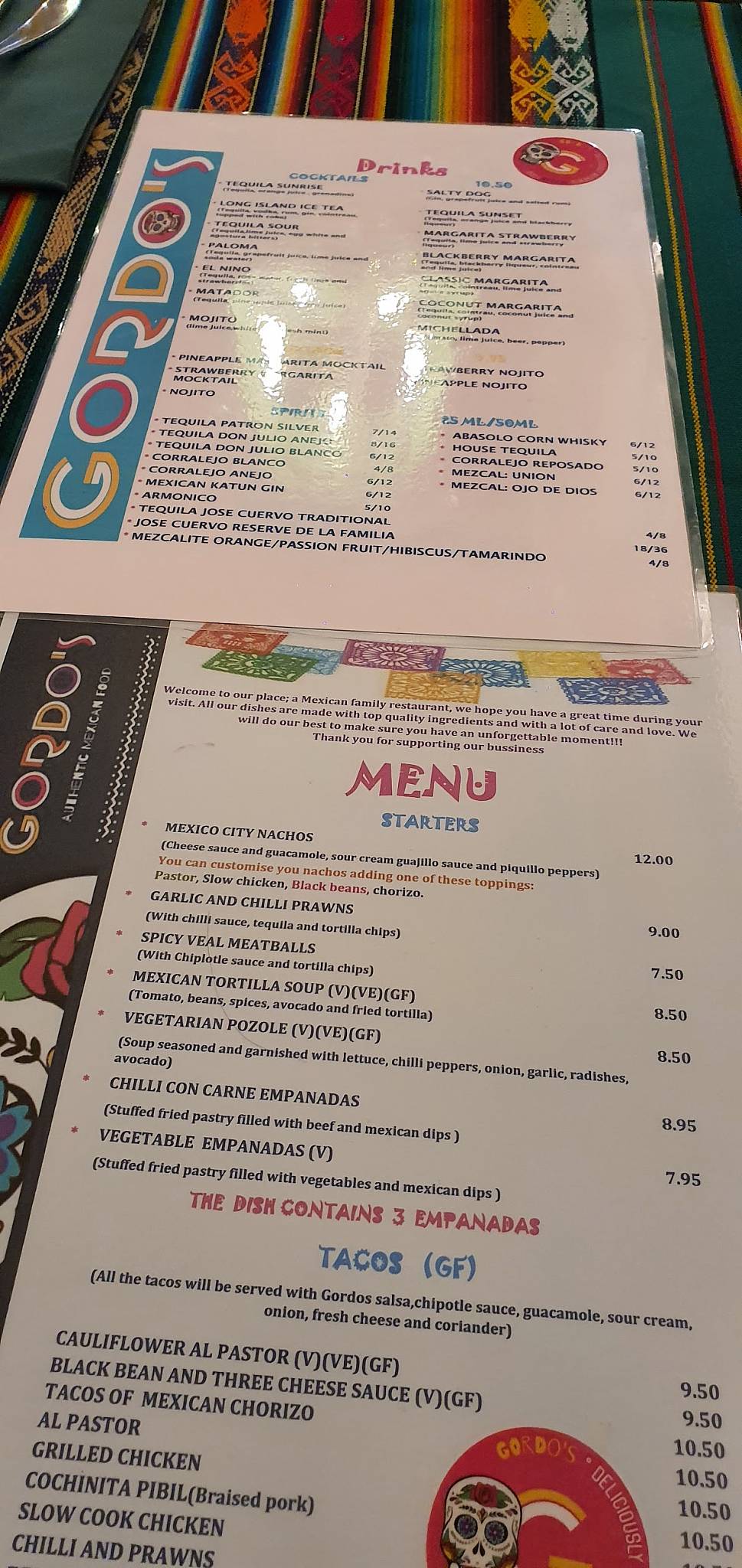 Menu at Gordos restaurant, Guildford