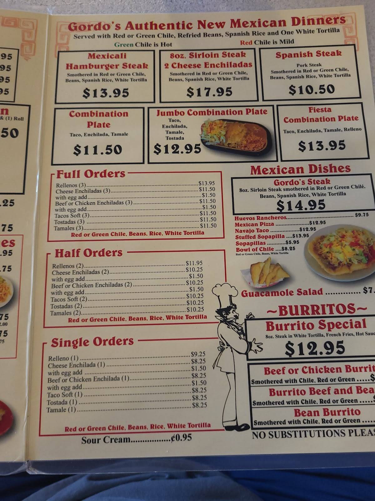 Menu at Gordo's Cafe, Gallup