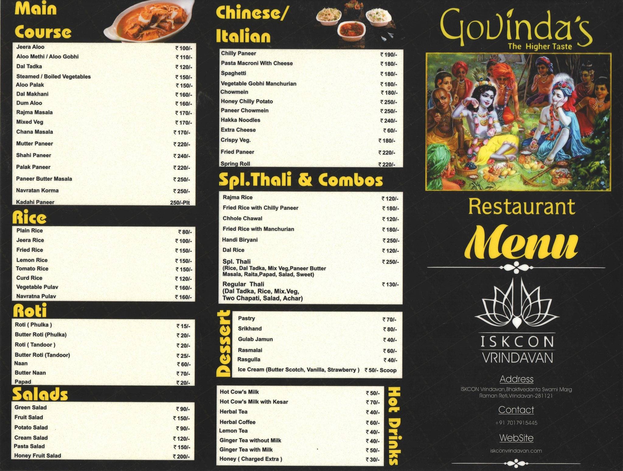 Menu at Govinda's Restaurant Vrindavan Lucknow, Vrindavan