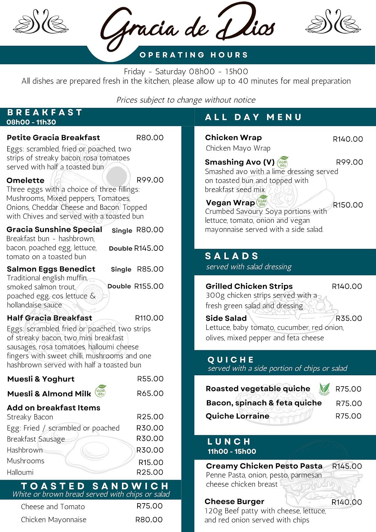 Menu at Gracia de Dios cafe, Benoni