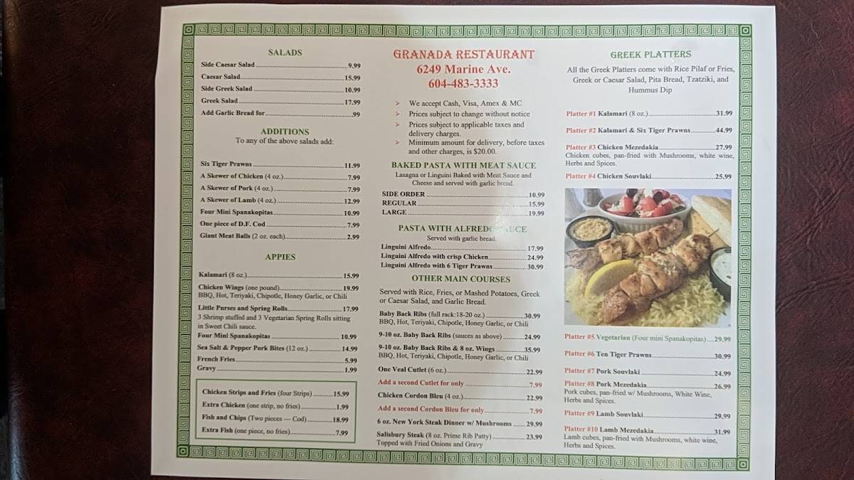 Menu at Granada Restaurant, Powell River