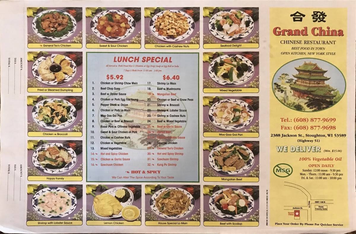 Menu at Grand China Restaurant, Stoughton, Jackson St