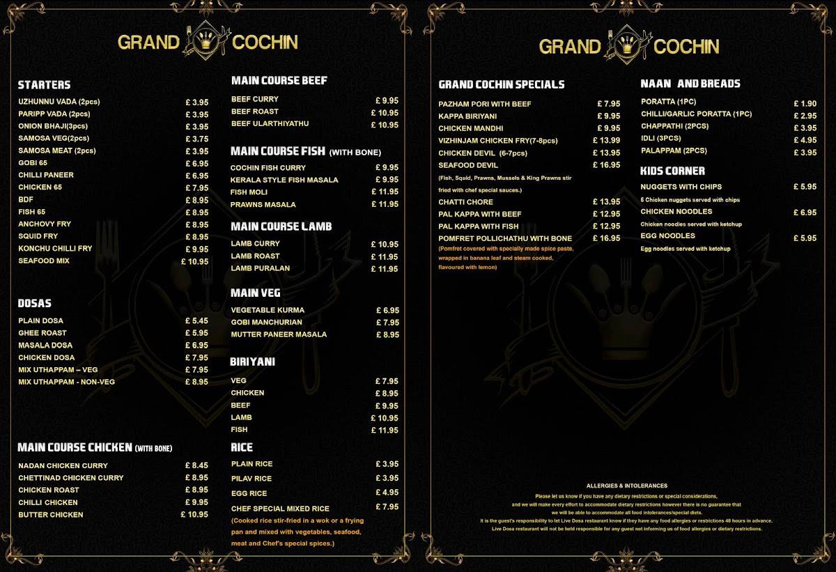 Menu at Grand Cochin restaurant, Chelmsford