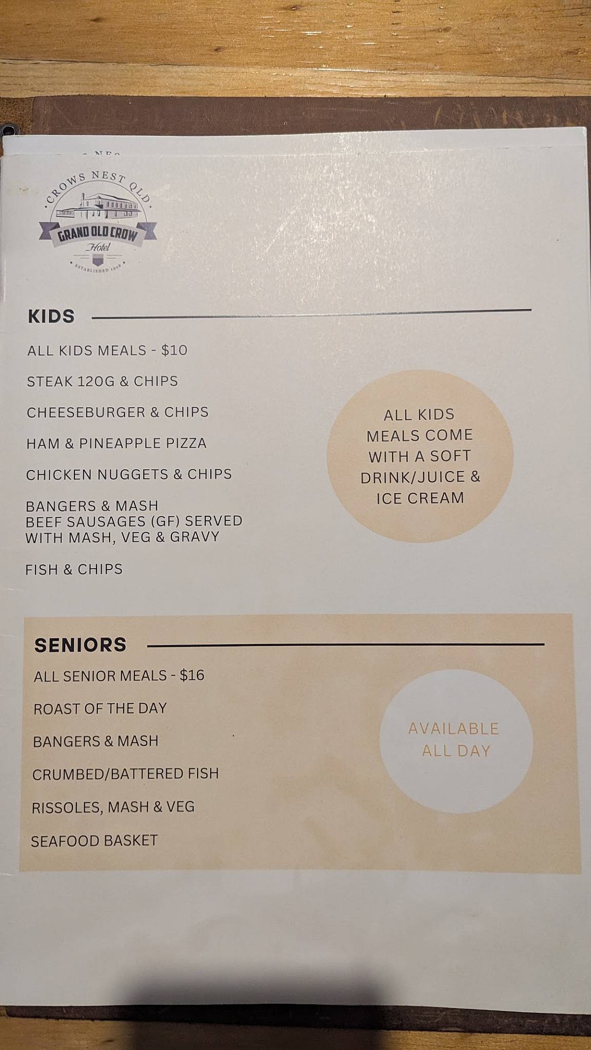 Menu at Grand Old Crow Hotel pub & bar, Crows Nest