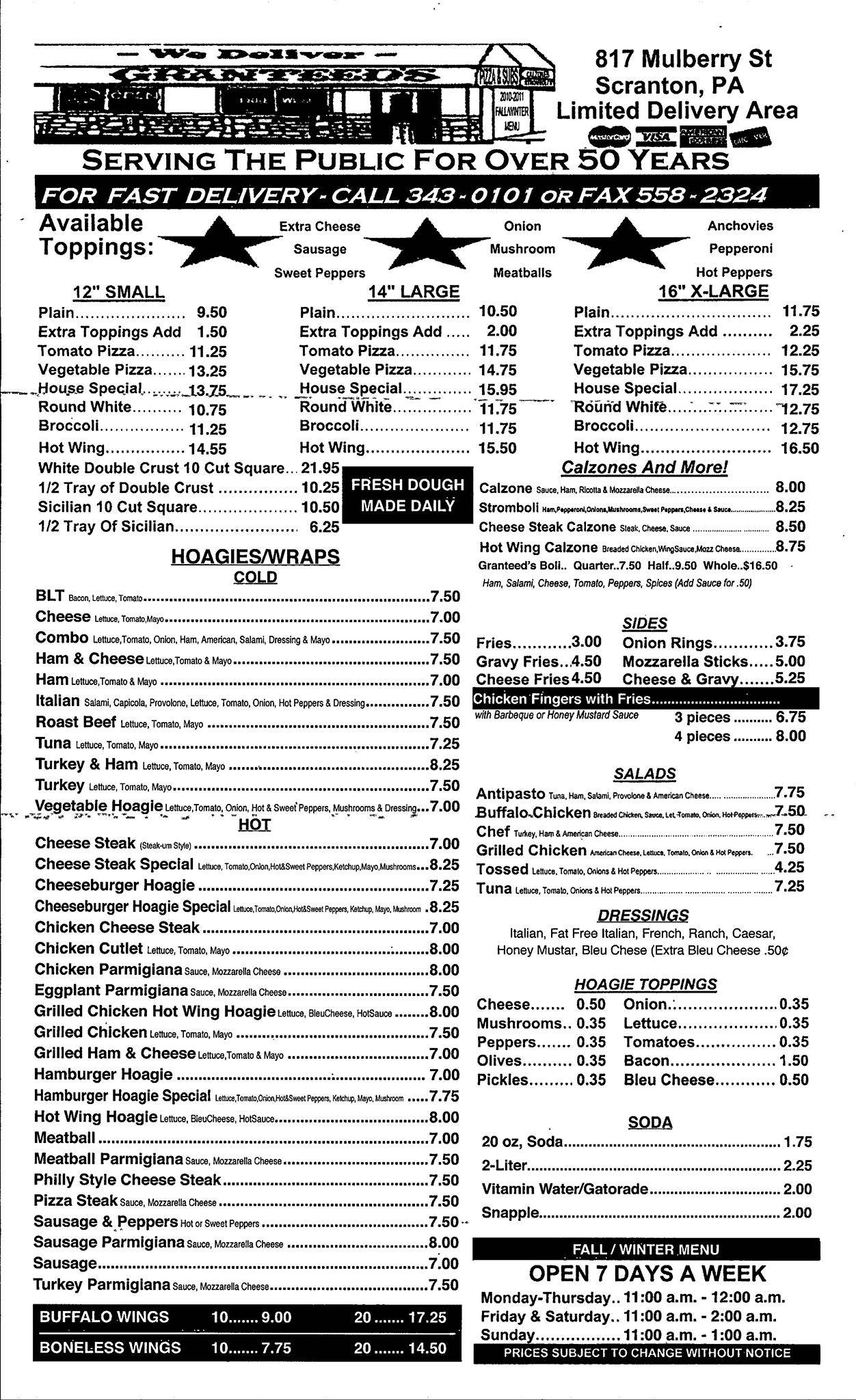 Menu at Granteed's Pizza pizzeria, Scranton