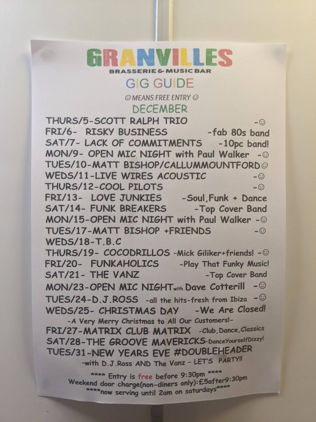 Menu at Granville's Restaurant & Music Bar, Stone