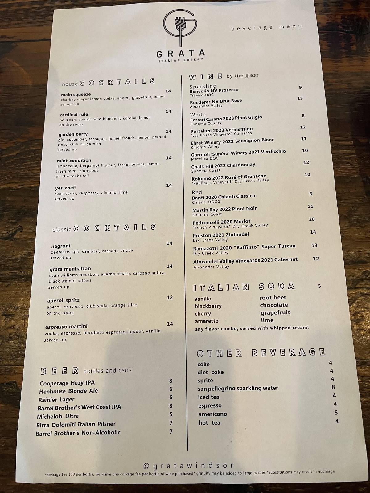 Menu at Grata Italian Eatery restaurant, Windsor