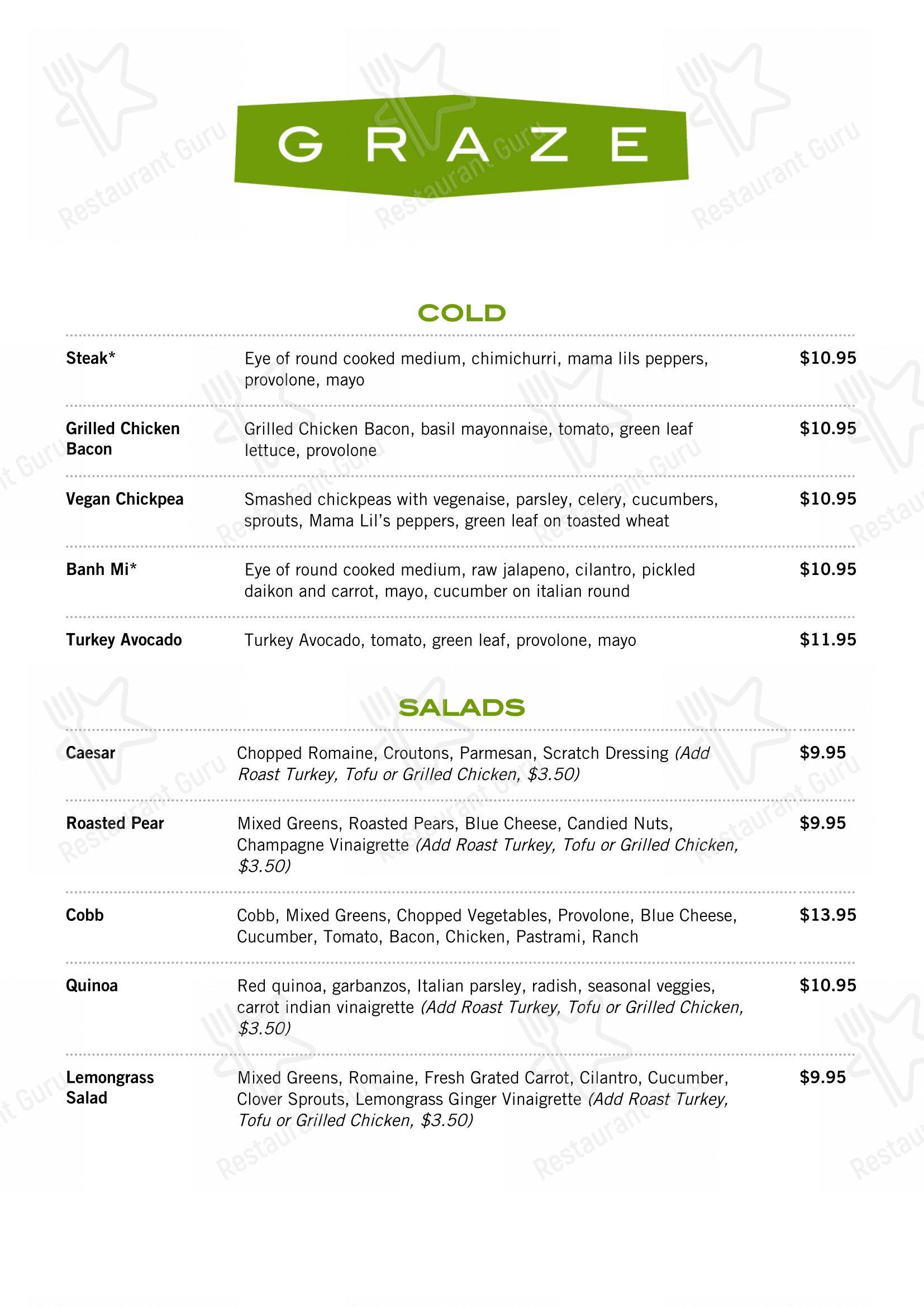 Menu at Graze 'a Place To Eat' restaurant, Walla Walla, 5 S Colville St