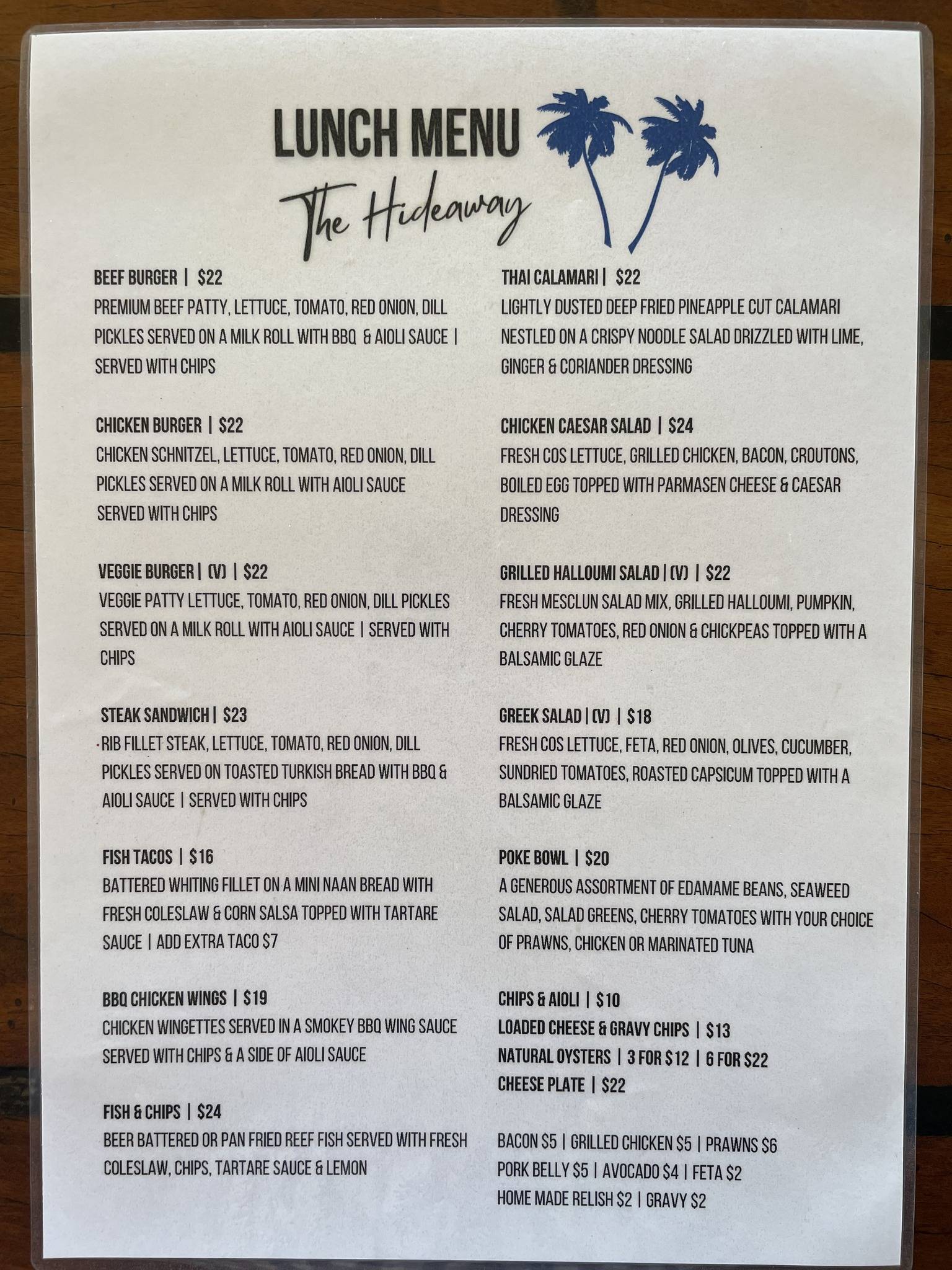 Menu at Great Keppel Island Hideaway pub & bar, Australia