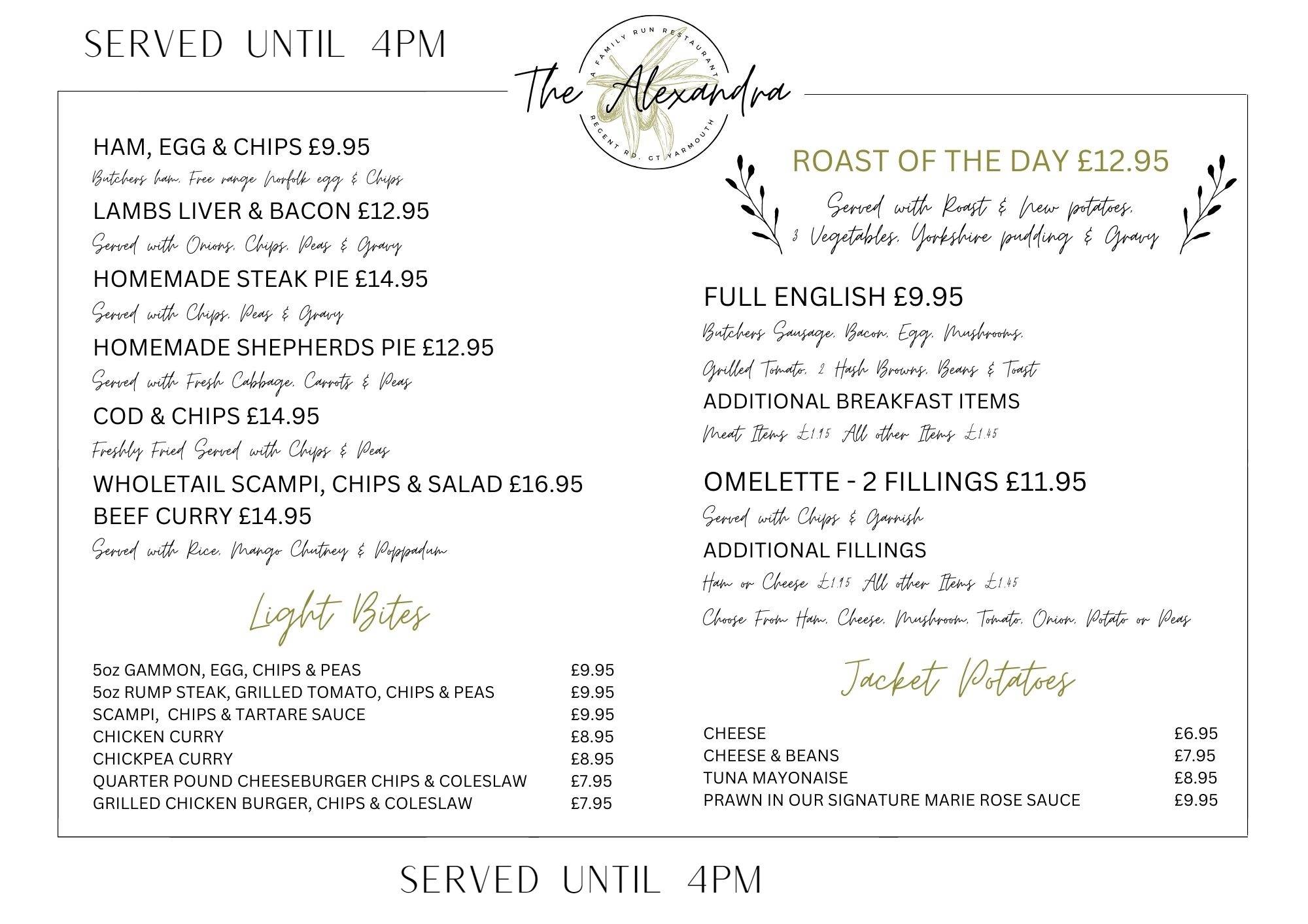 Menu at Alexandra Restaurant, Great Yarmouth