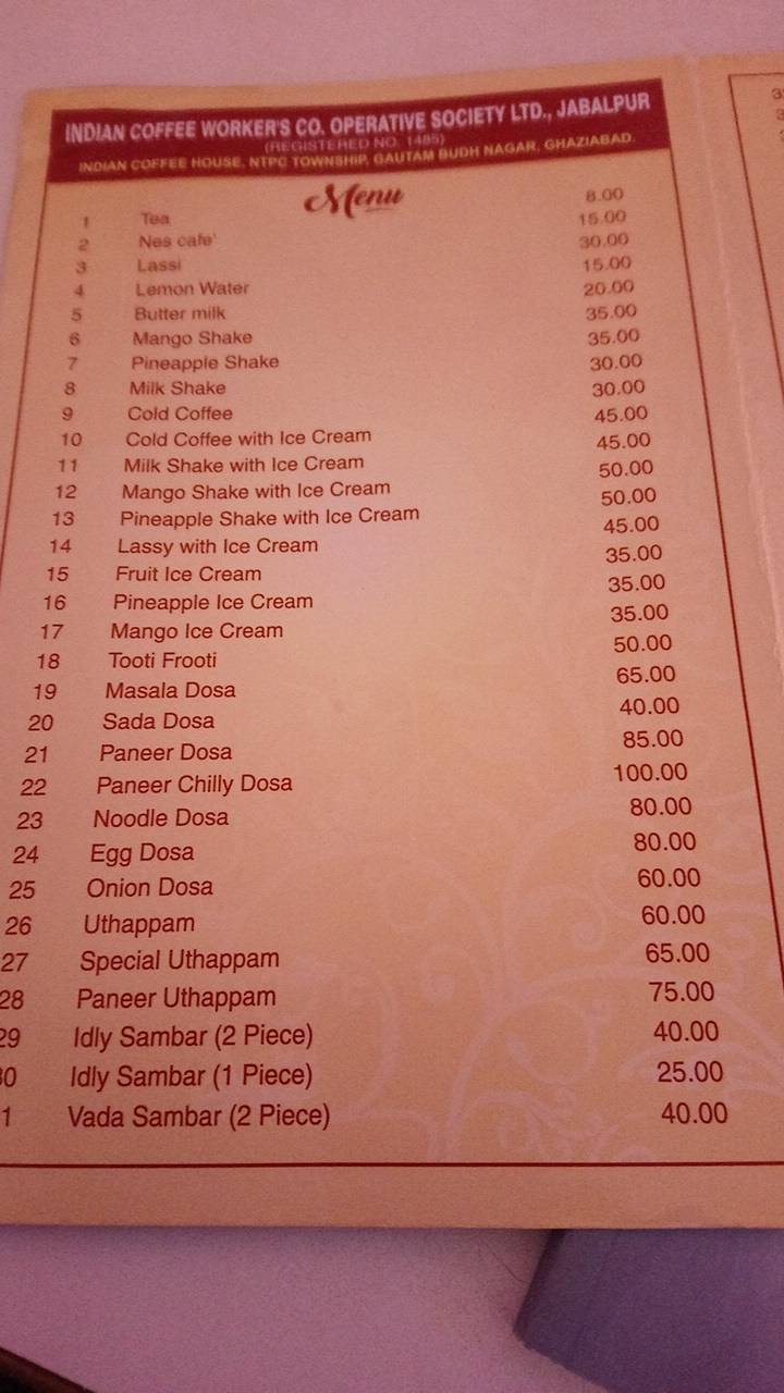 Menu at ICH, Indian Coffee House, Sidipur